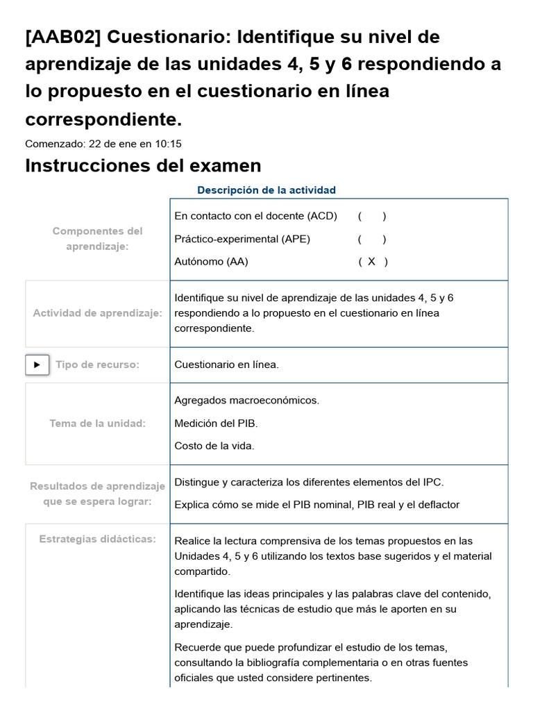 Examen - (AAB02) Cuestionario - Identifique Su Nivel de Aprendizaje de Las Unidades 4, 5 y 6 ...
