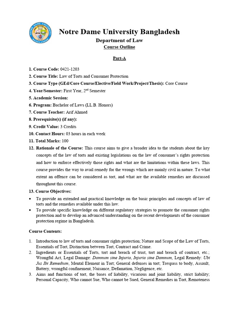 Tort Course Outline OBE Format | PDF | Tort | Negligence