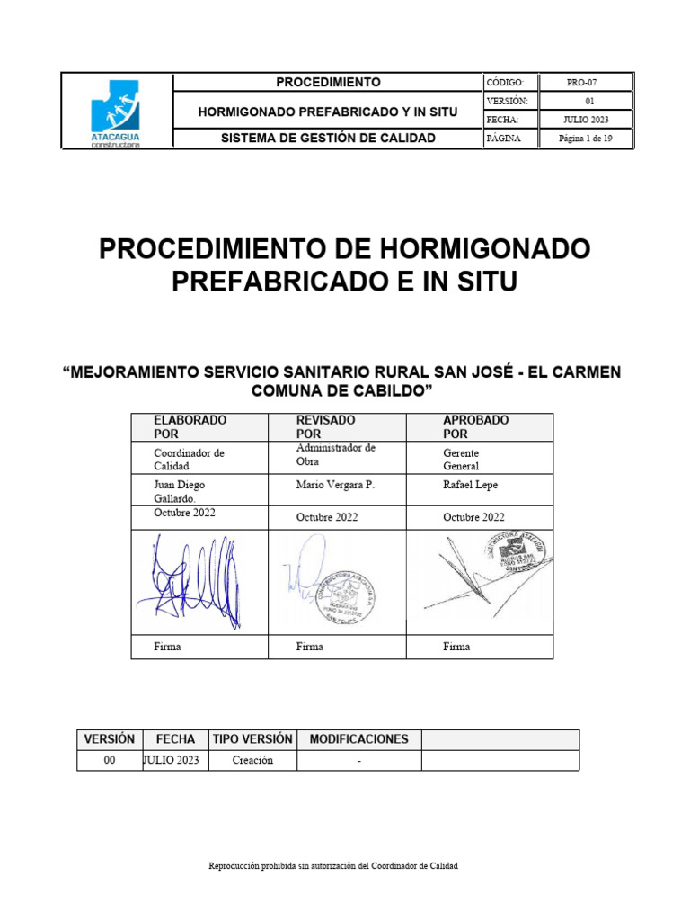 PR-07. Hormigón Rev 1 | PDF | Hormigón | Sistema de manejo de calidad