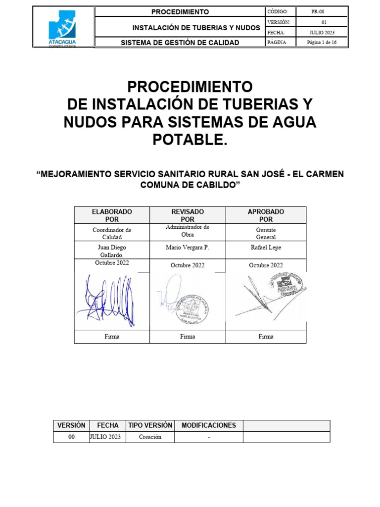 PR-08. Instalación de Tuberías Rev 1 | PDF | Tubería (transporte de fluidos) | Revestimiento