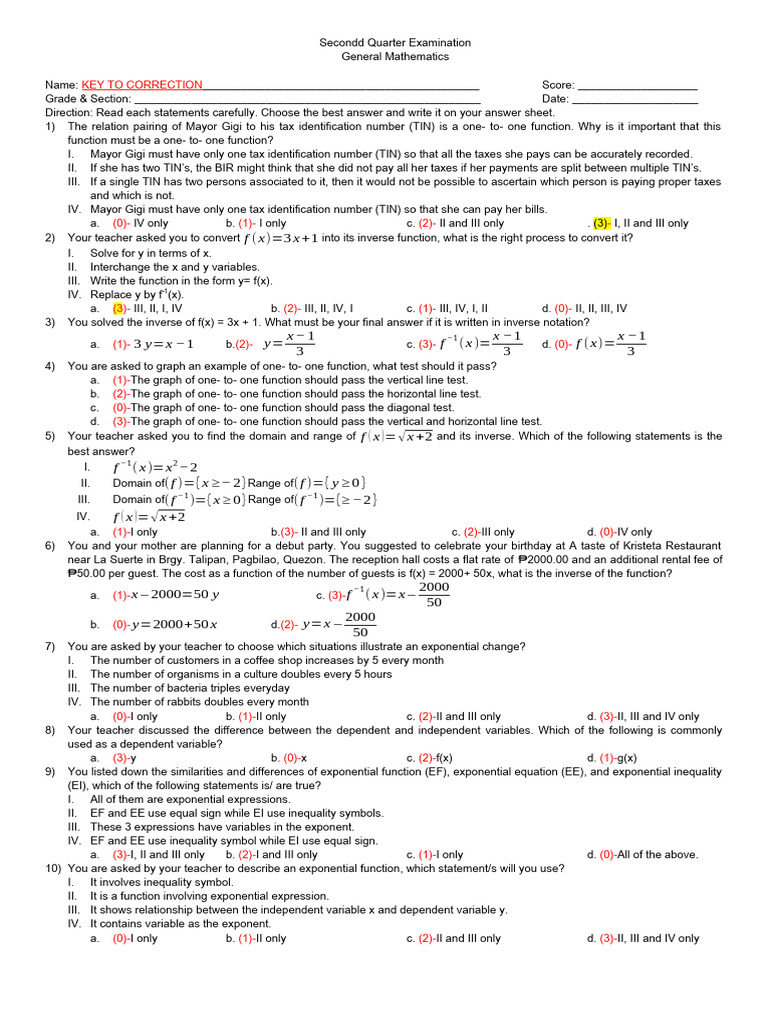 General Math Exam Key | PDF | Interest | Function (Mathematics)
