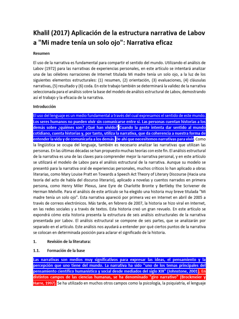 Traducción - Khalil (2017) Applying Labov S Narrative Structure | PDF ...