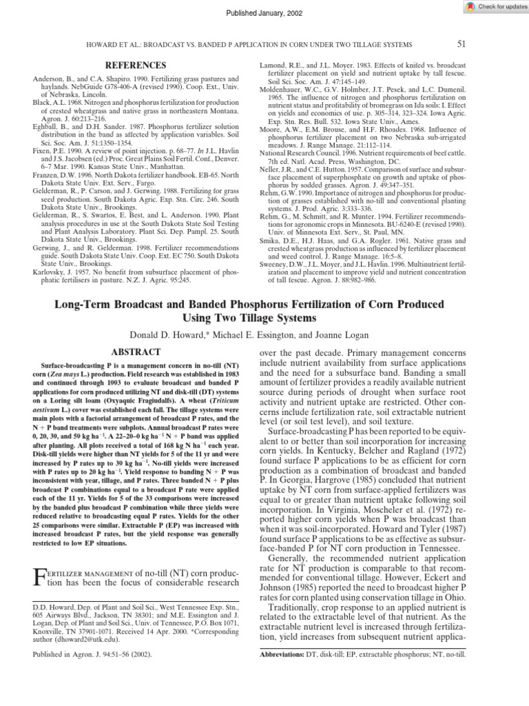 Agronomy Journal - 2002 - Howard - Long Term Broadcast and Banded ...