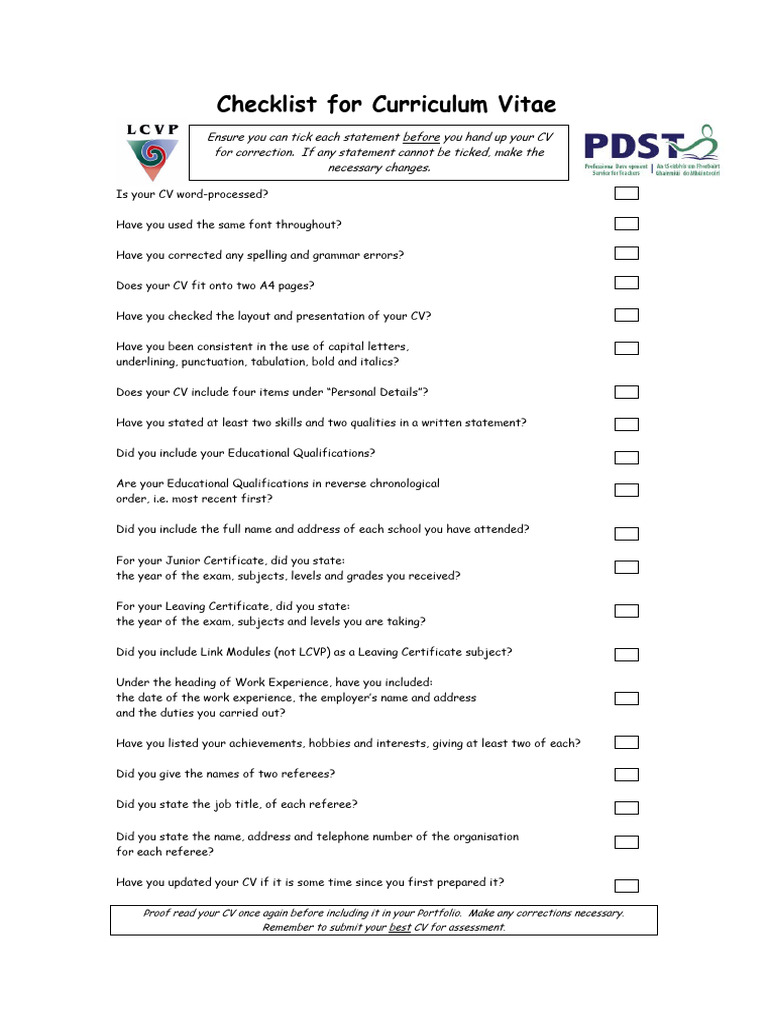 Checklist For Curriculum Vitae | PDF