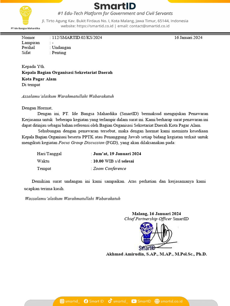 Surat Undangan FGD Zoom Bagian Organisasi Kota Pagar Alam | PDF