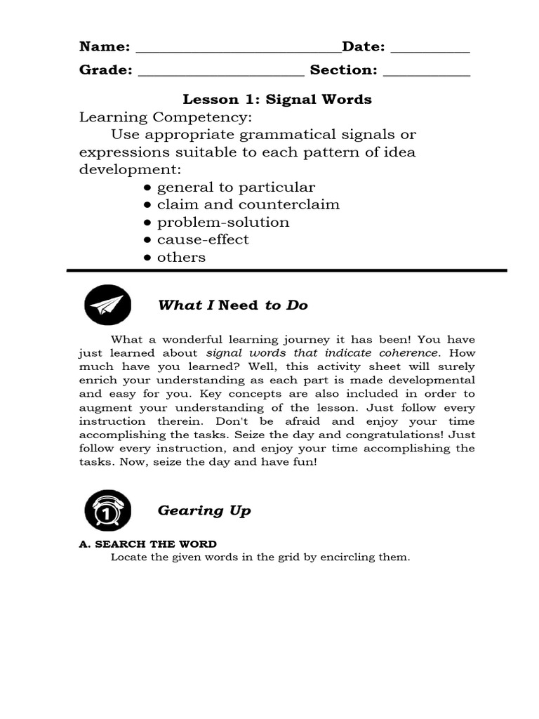 Activity Sheets Signal Words | PDF | Causality | Sequence
