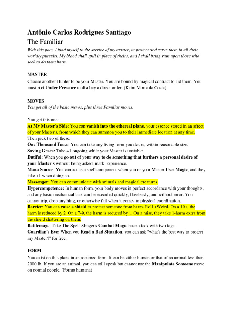 cartilha rpg - familiar (tônio) | PDF