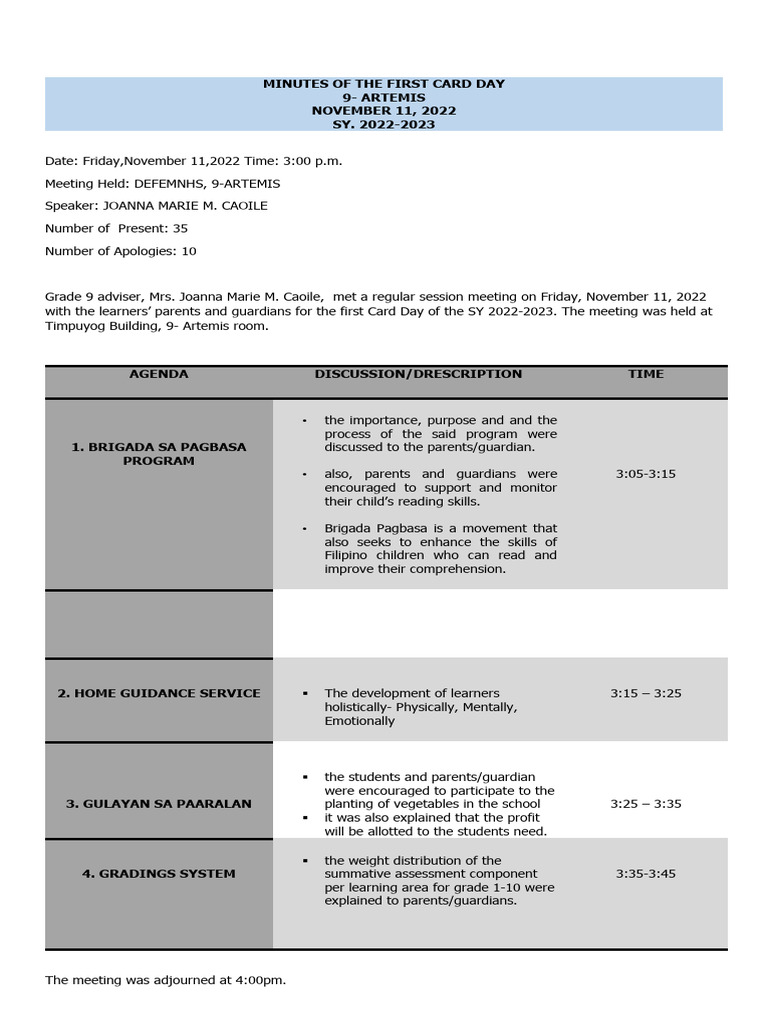 Minutes of Meeting 1 1 | PDF | Cognition | Behavior Modification