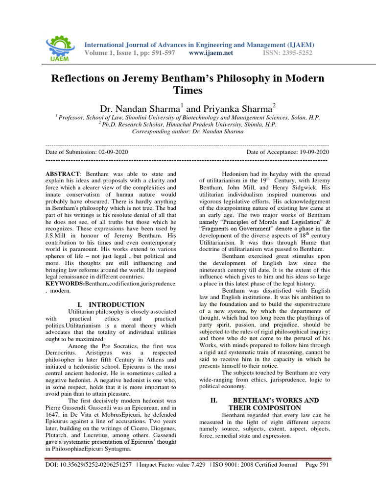 Reflections On Jeremy Bentham S Philosophy in Modern Times | PDF | Utilitarianism | Hedonism