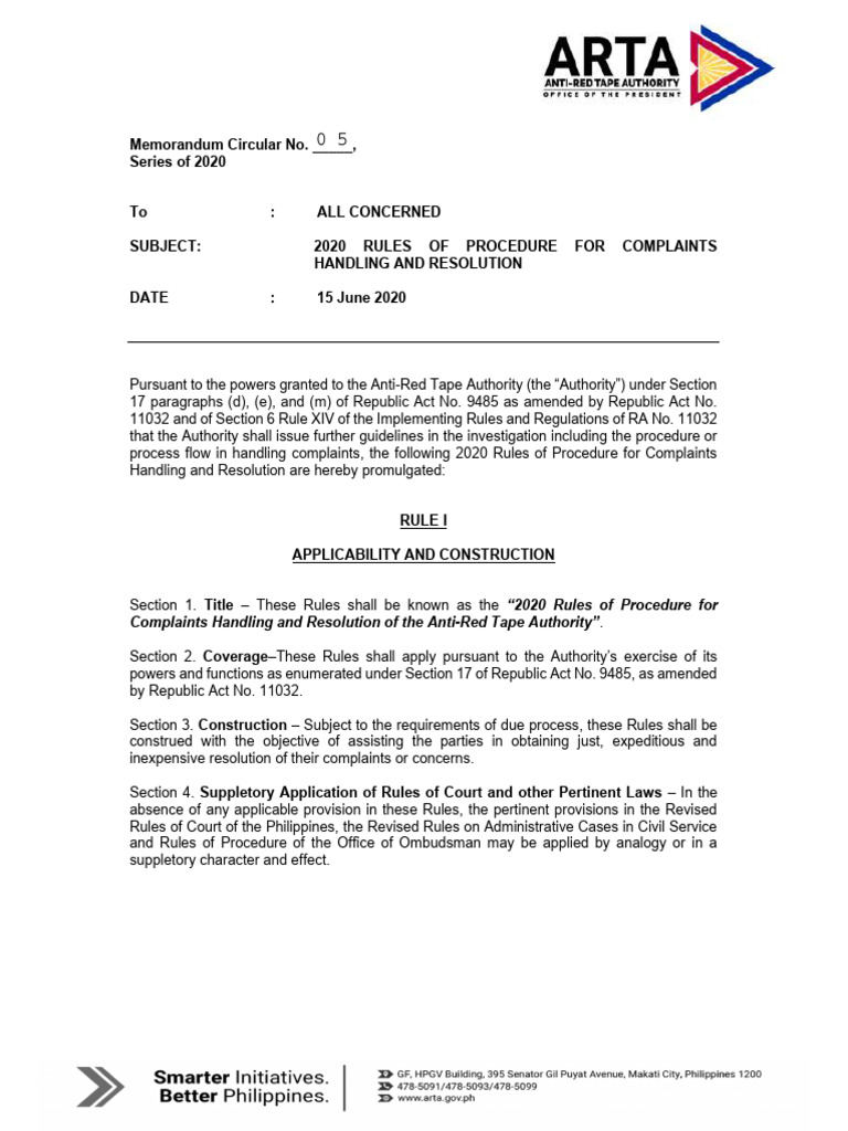 ARTA MC No 05 Series of 2020 | PDF | Complaint | Policy
