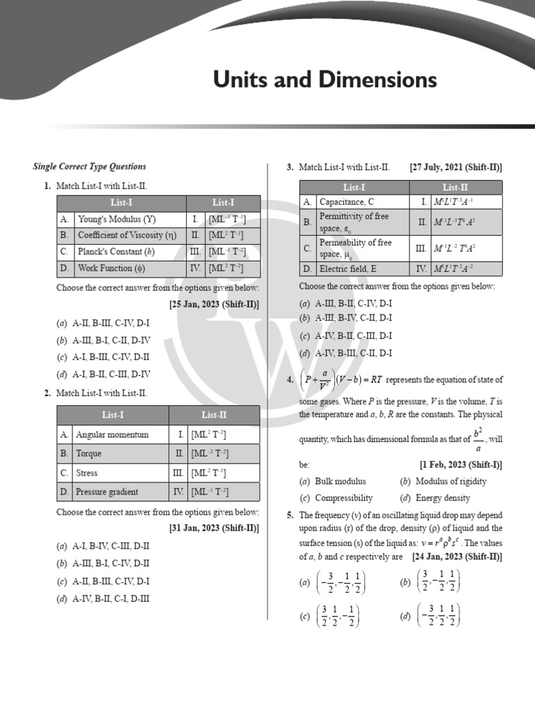 Units and Dimensions: List-I List-I List-I List-II | PDF | Physical ...