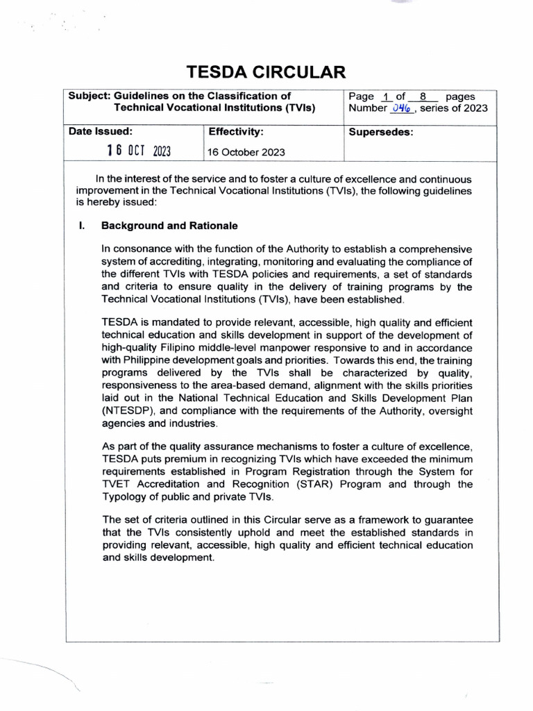 TESDA Guidelines for TVI Classification | PDF | Vocational Education ...