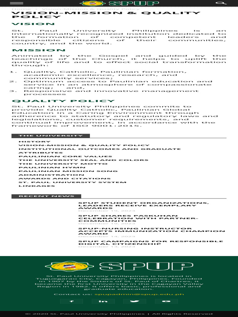 Vision-Mission & Quality Policy - St. Paul University Philippines | PDF