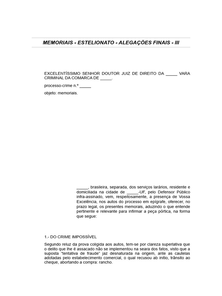 Modelo Memoriais Estelionato Alegações Finais-Iii | Download grátis PDF ...