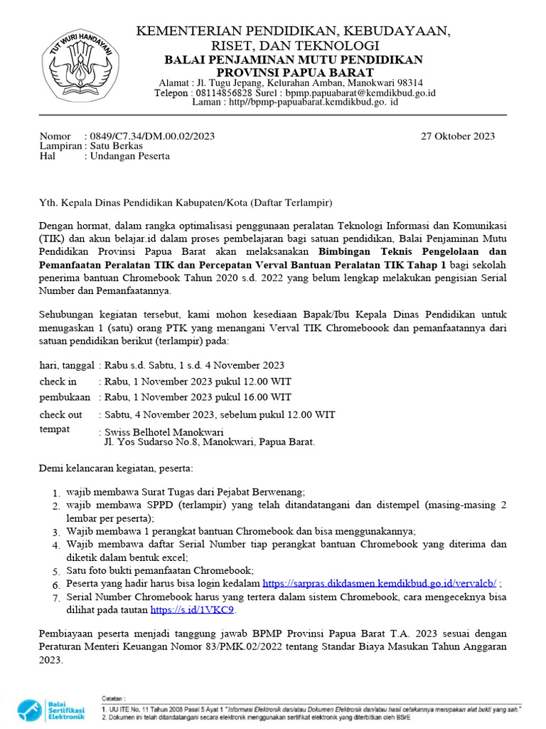 Undangan BIMTEK Chromebook Dan VERVAL TIK | PDF