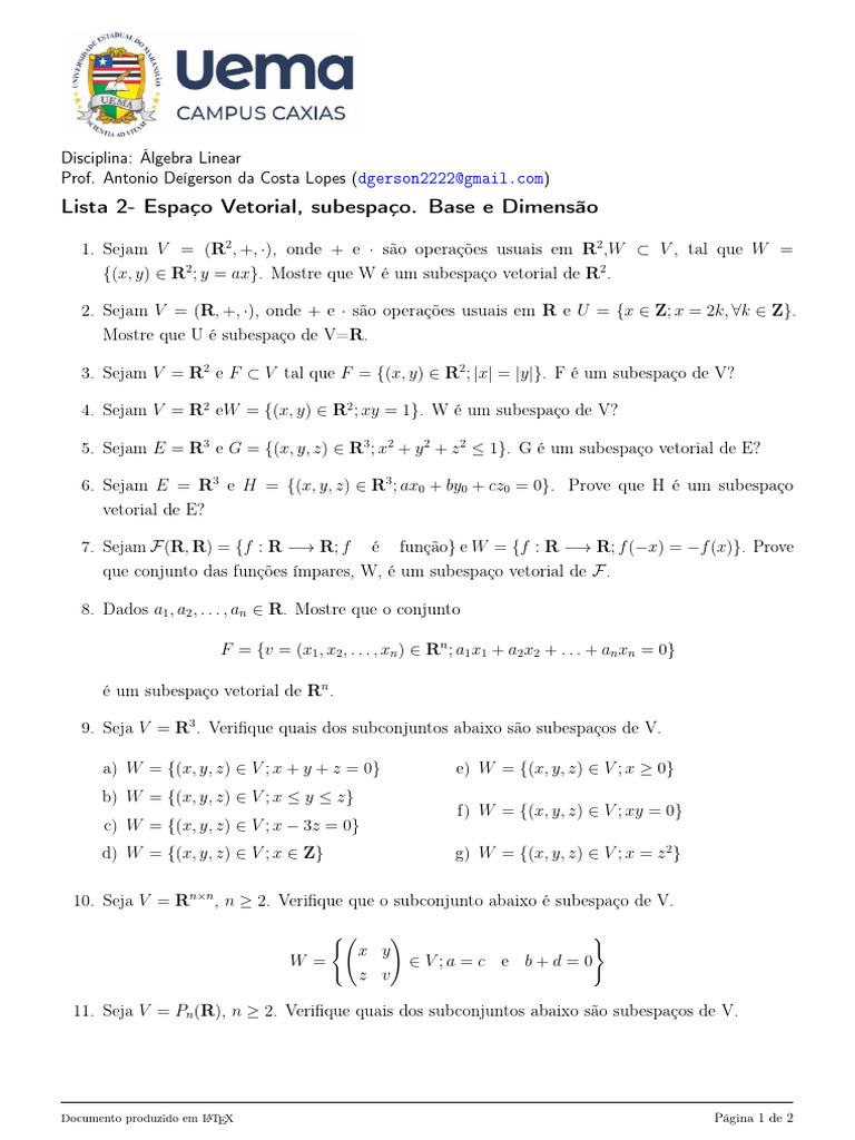 Lista 2 Álgebra Linear | PDF | Mapa linear | Matemática aplicada