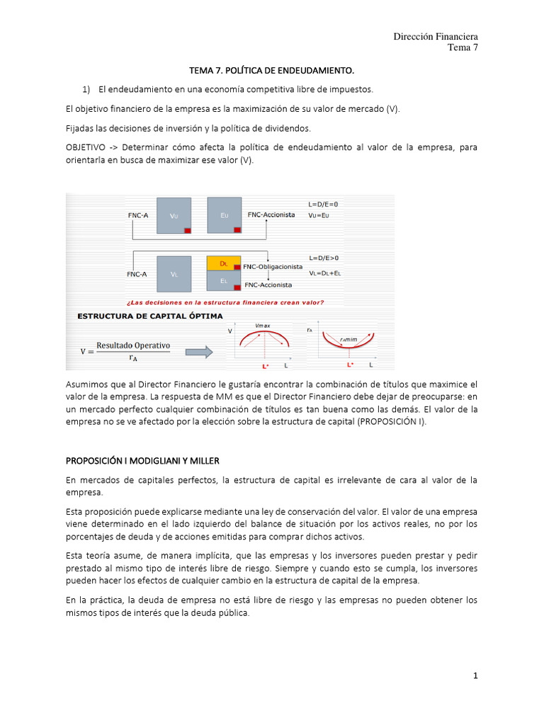 Tema 7. Dirección Financiera | PDF | Deuda | Rentabilidad sobre recursos propios