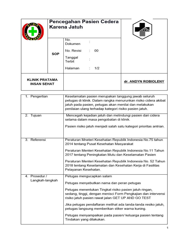 SOP Pencegahan Pasien Cedera Karena Jatuh | PDF