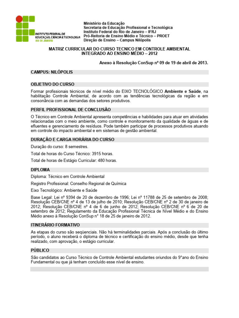 Matriz Curricular Técnico em Controle Ambiental | PDF | Natureza