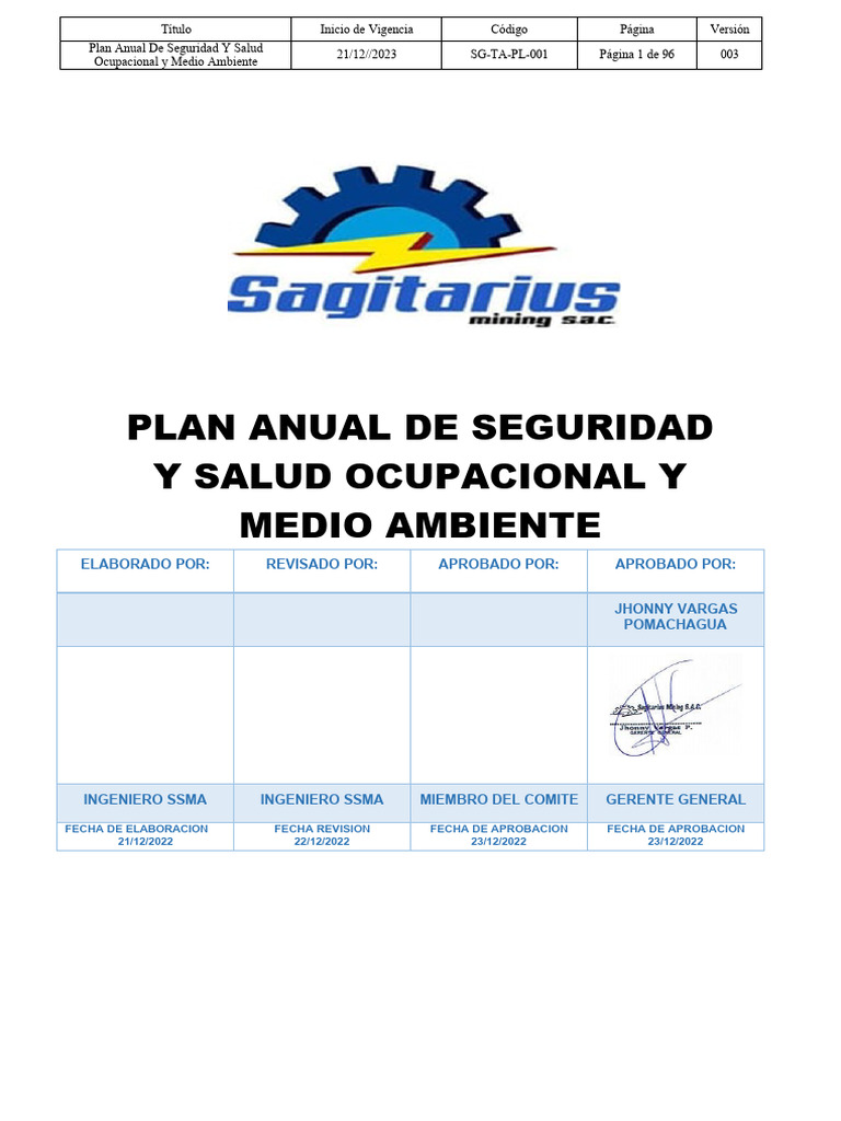Plan Anual de Seguridad y Salud Ocupacional y Medio Ambiente 2024 | PDF | Seguridad y salud ...