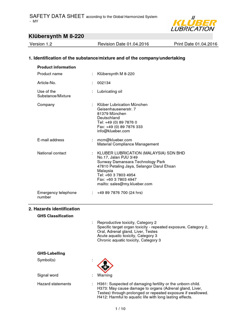 Klübersynth M 8-220 Safety Data Sheet | PDF | Toxicity | Firefighting