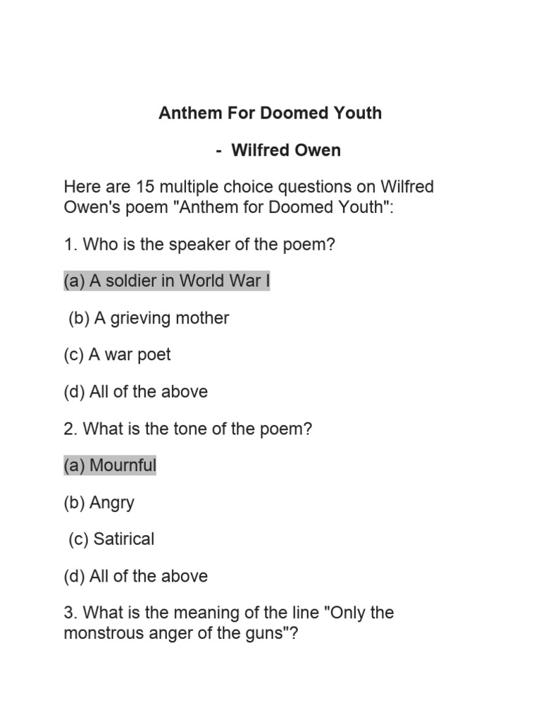 Anthem For Doomed Youth MCQ | PDF | Poetry