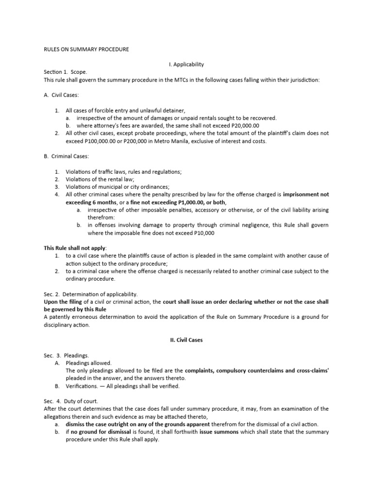 Summary Procedure Rules for MTCs | PDF | Lawsuit | Pleading