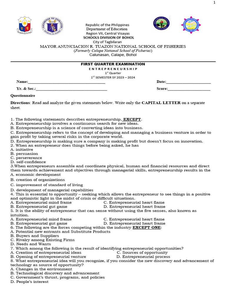 Entrep 1st Quarter Exam | PDF | Entrepreneurship | Pricing