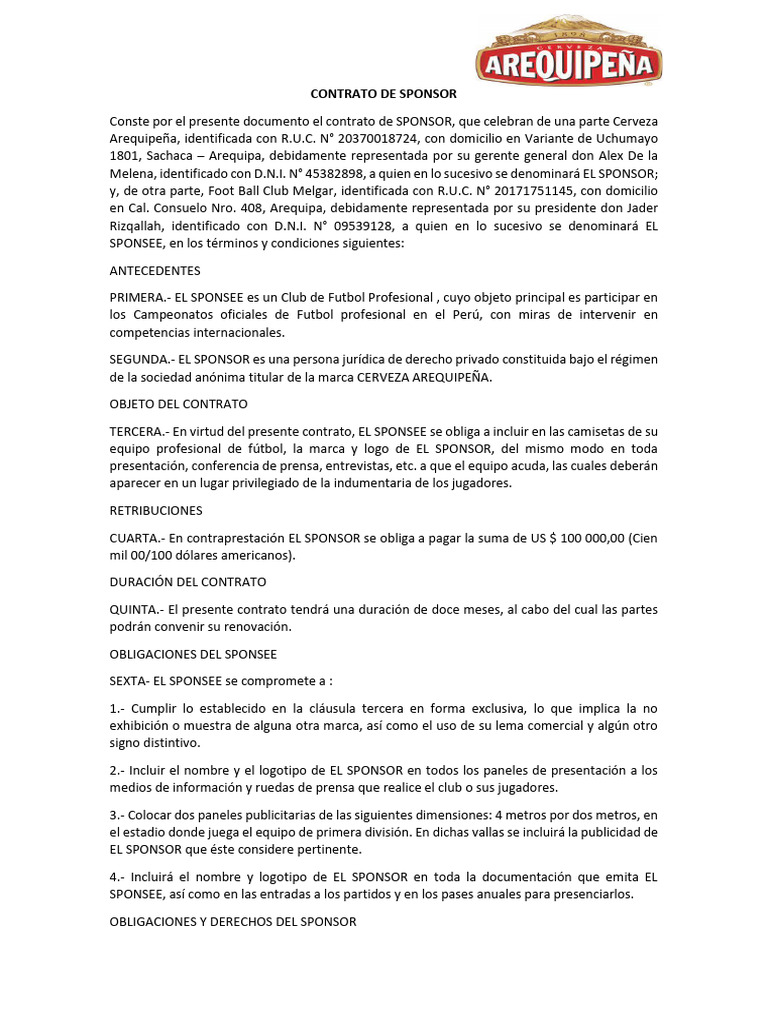 Contrato de Sponsor | PDF | Arbitraje | Justicia