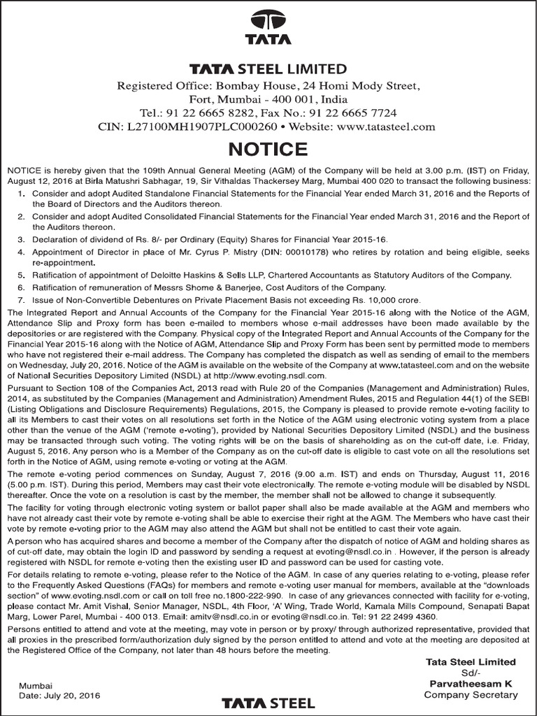Tata Steel Notice for Agm | PDF