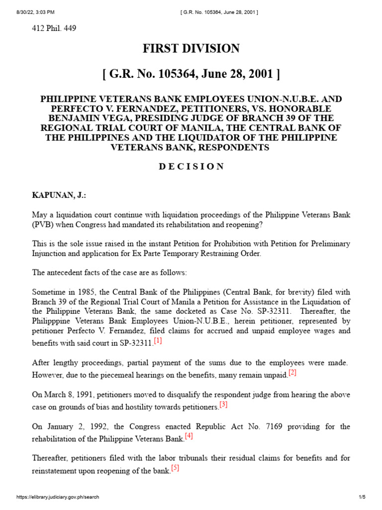 PVB Employees Union Vs Vega | PDF | Liquidation | Writ Of Prohibition