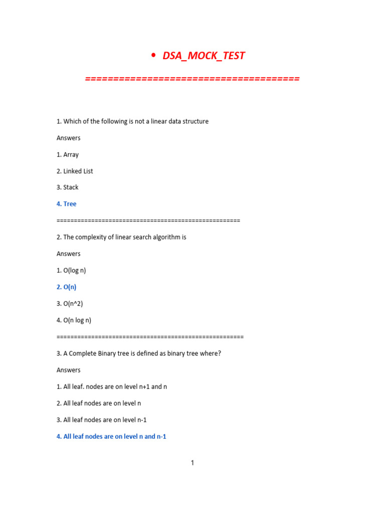 Dsa Mock Test | PDF | Combinatorics | Discrete Mathematics Dsa Mock Test | PDF | Combinatorics | Discrete Mathematics
