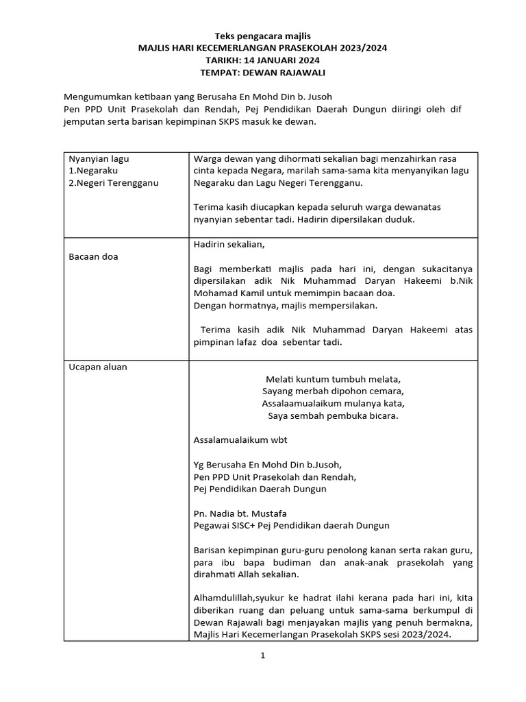 Teks Pengacara Majlis Pra Sekolah | PDF
