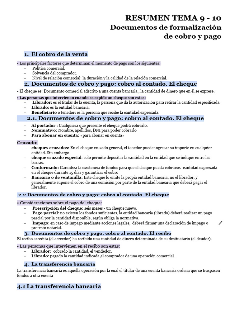 Resumen Tema 9 - 10 PDF | PDF | Cheque | Pagaré