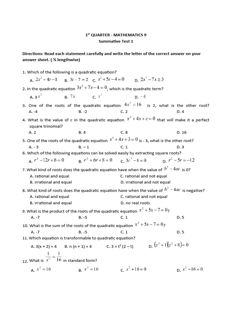 Math 9 Summative Test 1 | PDF | Quadratic Equation | Equations