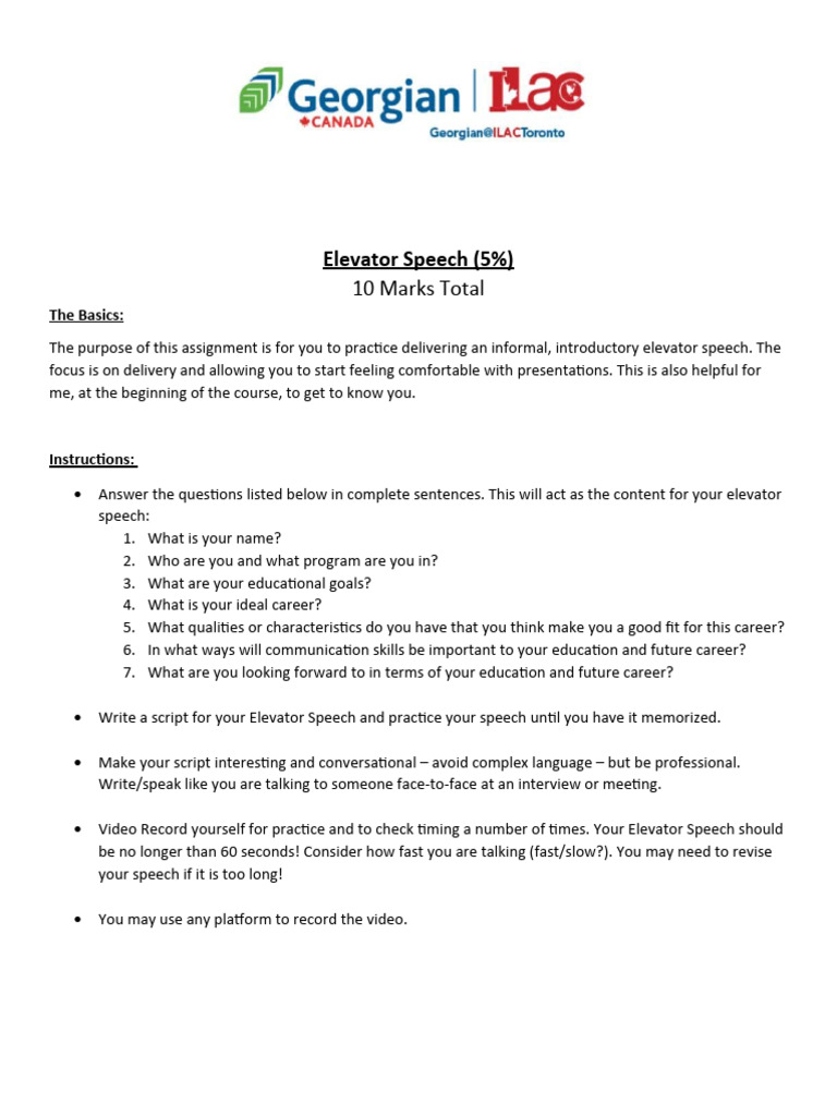 Elevator Speech Assignment Guide | PDF | Communication | Human ...