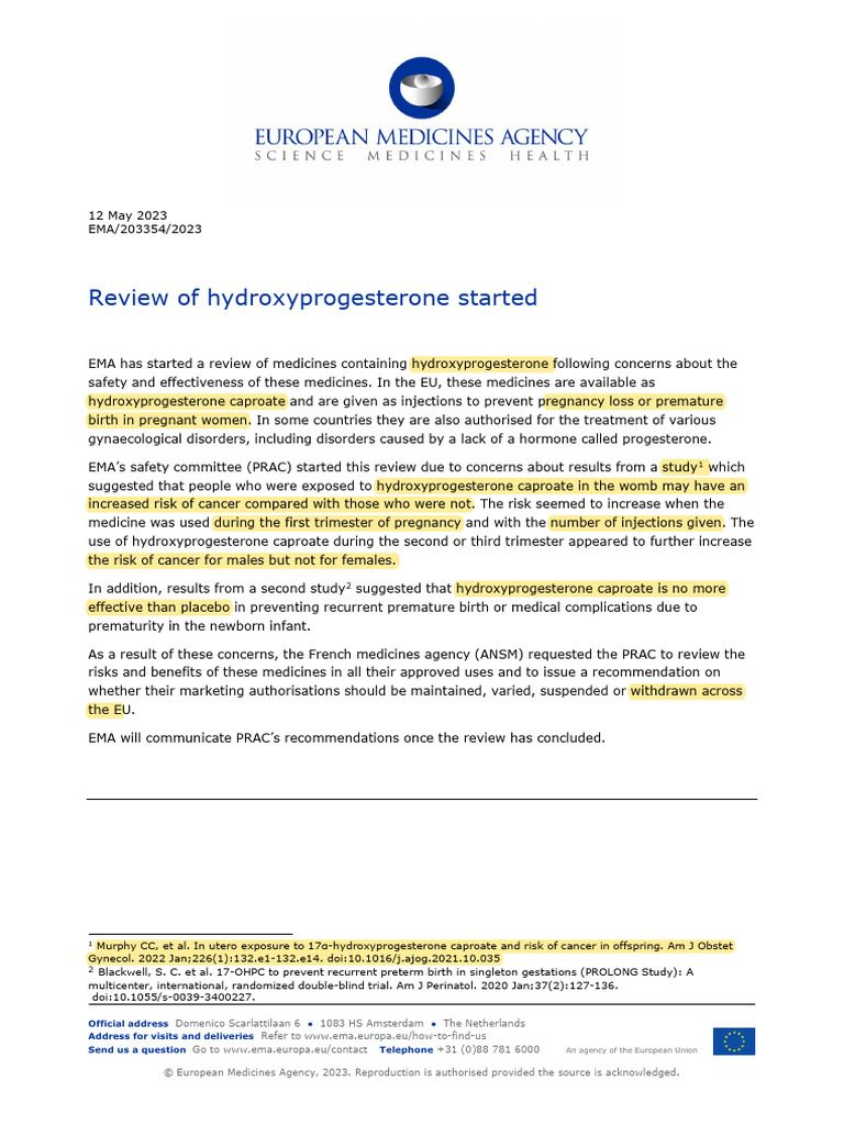 Hydroxyprogesterone Review Initiated | PDF | Pregnancy | Preterm Birth