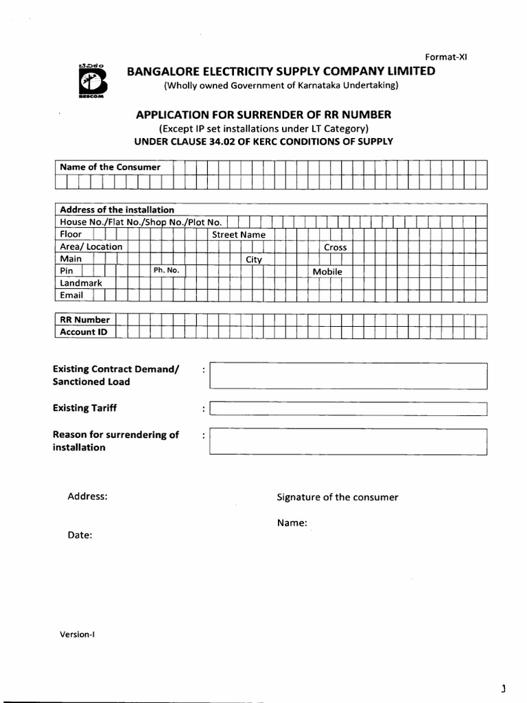 BESCOM RR Number Surrender Application | PDF