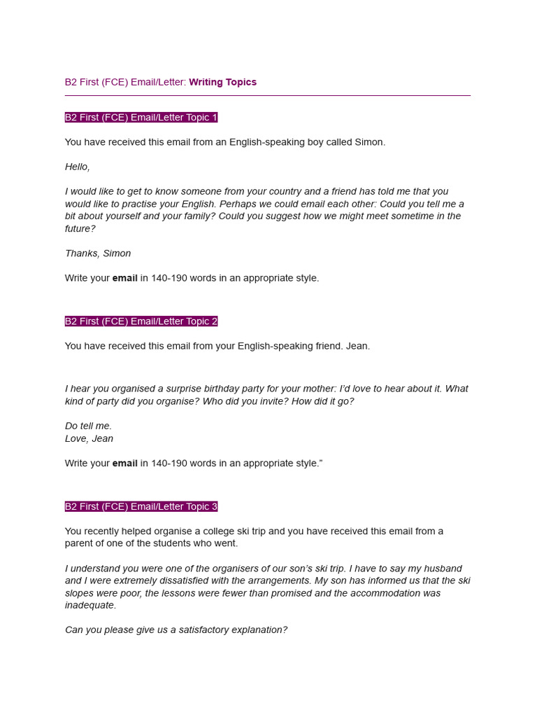 B2 First FCE Email Letter Writing Topics PDF | PDF