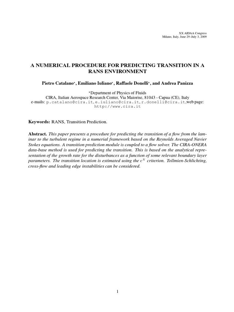 A NUMERICAL PROCEDURE FOR PREDICTING TRANSITION IN A RANS ENVIRONMENT | PDF | Fluid Dynamics ...