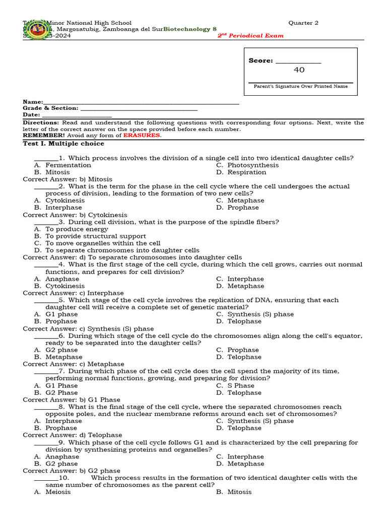 Answer Key-Biotech 8 2nd Periodical Test January 23,2024 | PDF ...