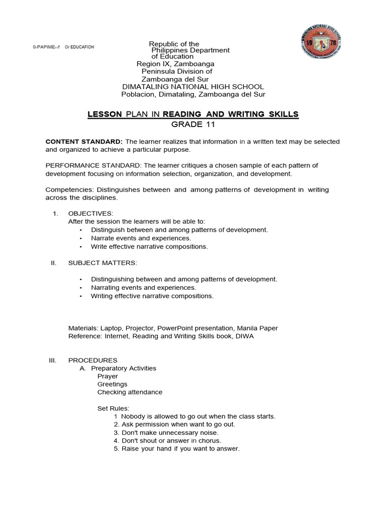 Grade 11 Reading and Writing Lesson Plan | PDF | Narrative | Sheep