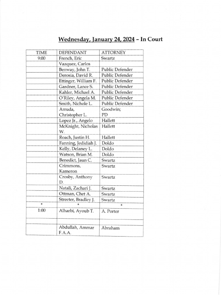 Jefferson County Court Calendar - Jan 24, 2024 | PDF