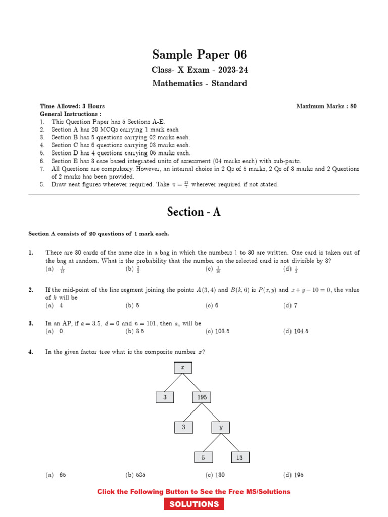 Sample Paper Maths | PDF | Circle | Area
