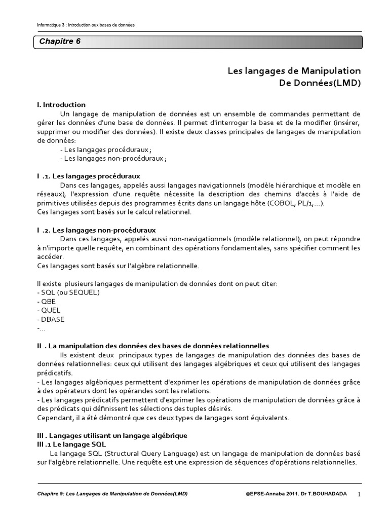 Les Langages de Manipulation | PDF | SQL | Langage de programmation