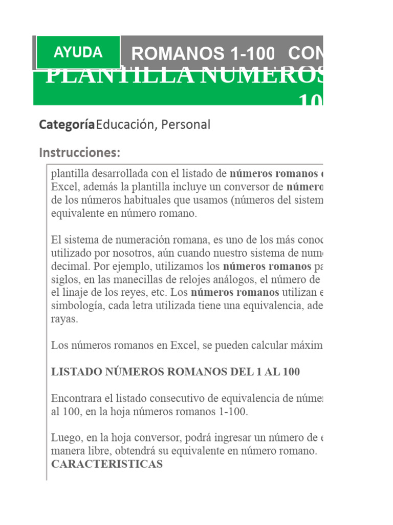 Plantilla Excel Números Romanos 1-100 | PDF | Microsoft Excel | Lexicología