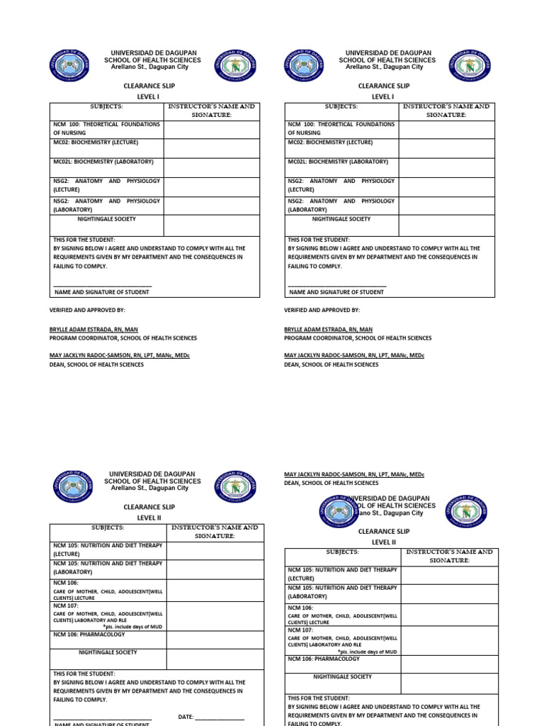 Clearance Slip 1ST Sem 1 4 | PDF | Nursing | Medicine