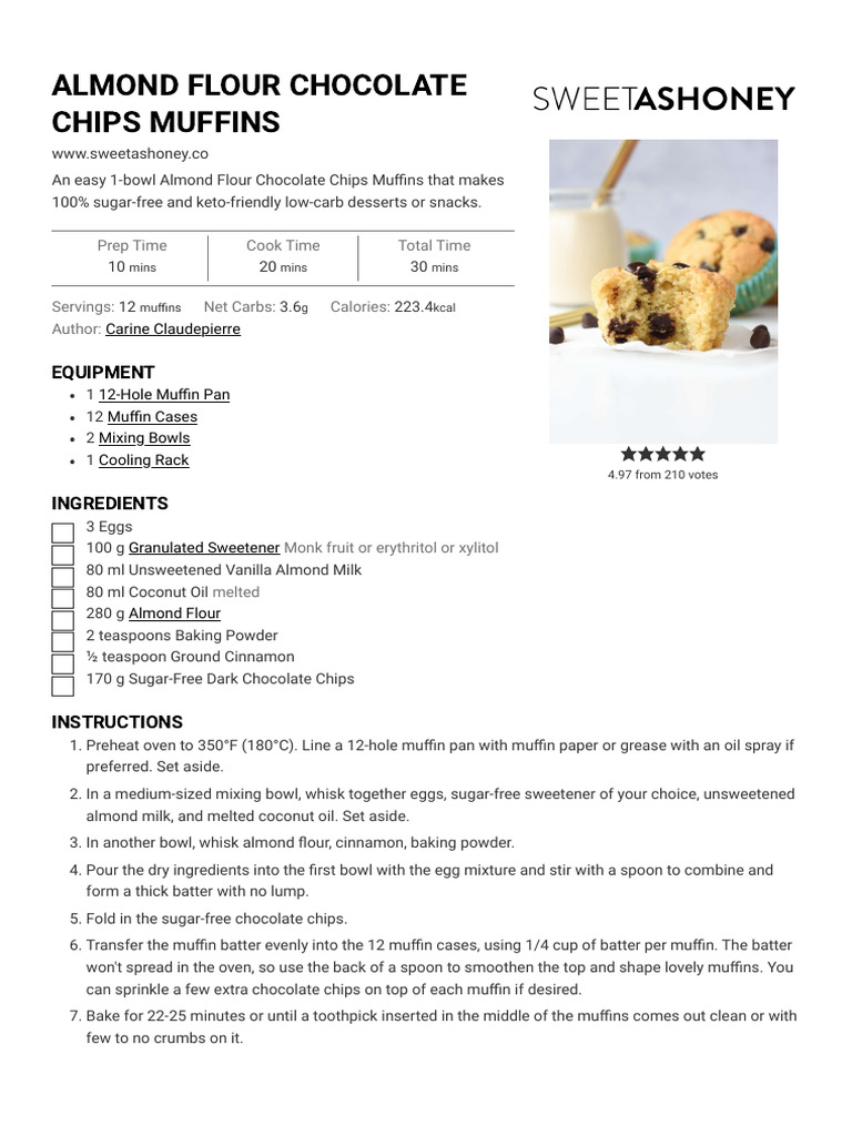 Almond Flour Chocolate Chips Muffins - Sweet As Honey | PDF | Muffin ...