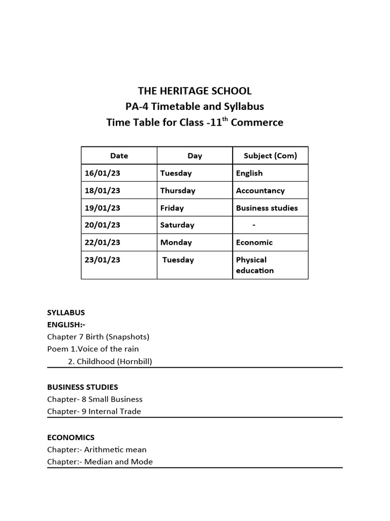 Syllabus and Time Table For Class 11 TH Commerce | PDF