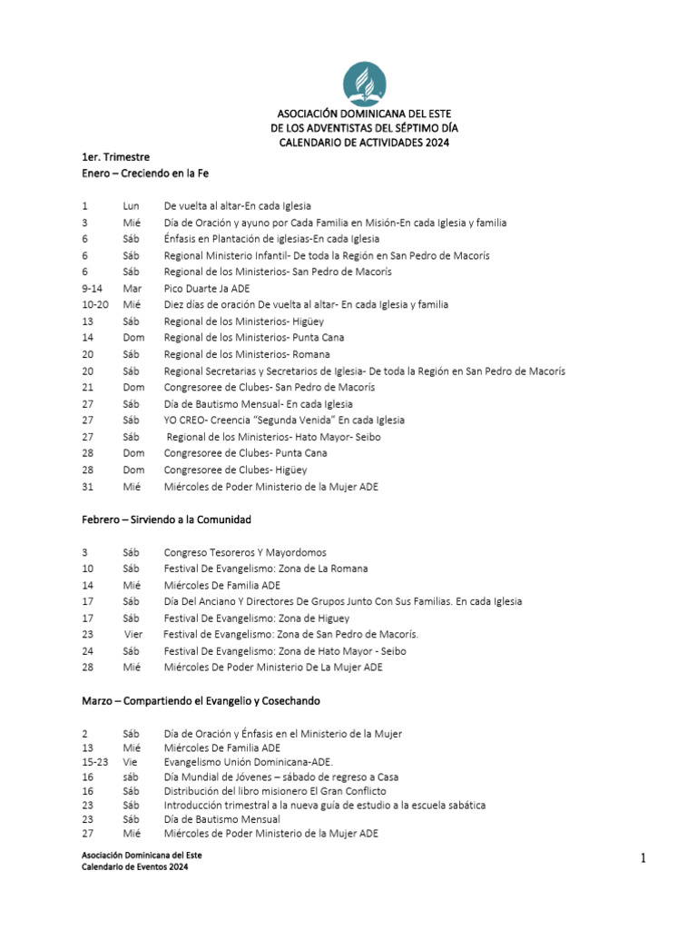Calendario Oficial de Actividades 2024 Asociación Dominicana Del Este ...